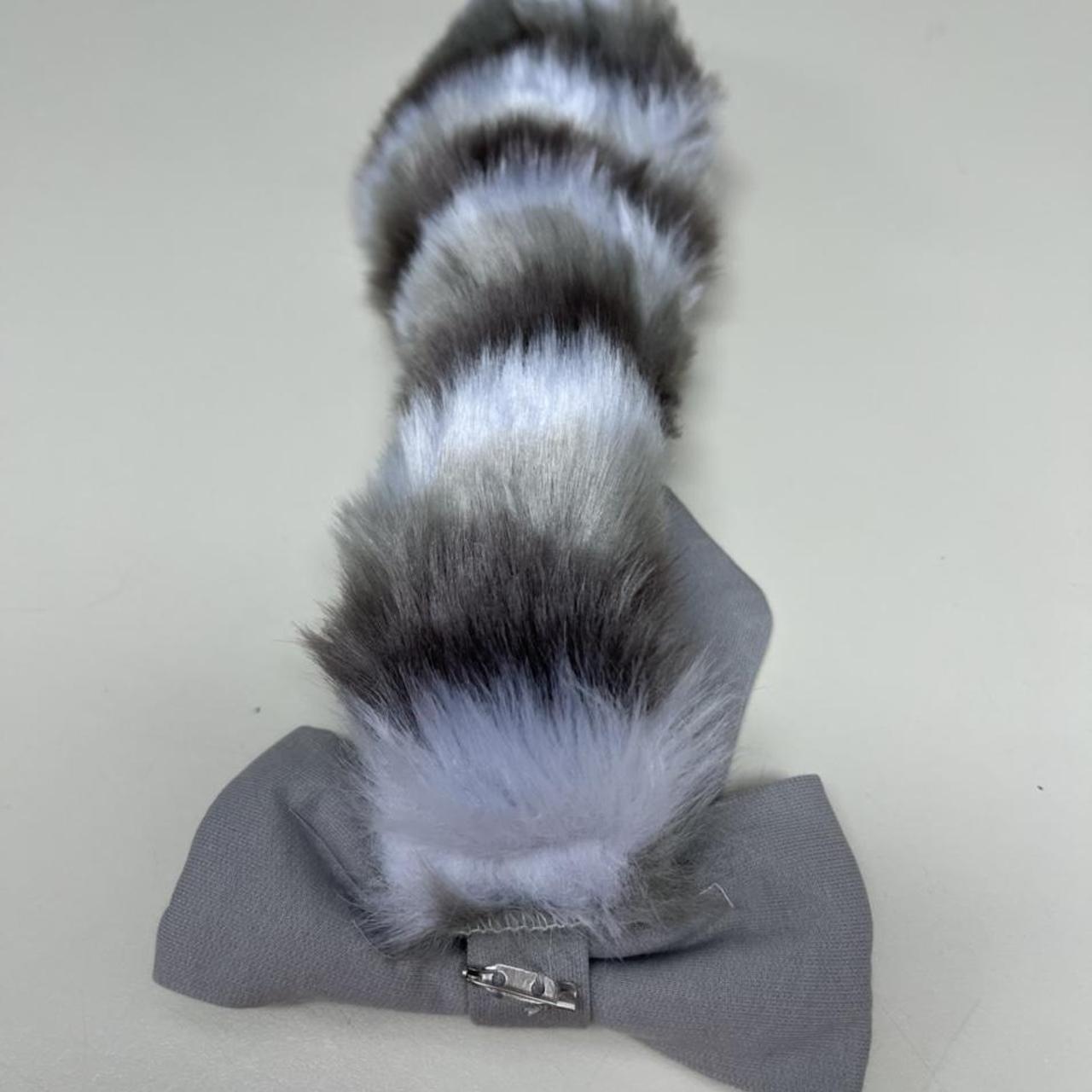 Clip on raccoon furry tail With bow Grey Fluffy... - Depop