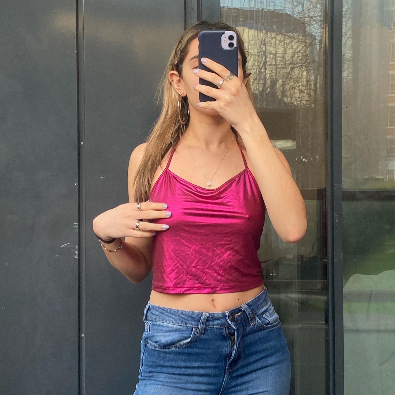 stunning shiny pink backless top. hardly worn in... - Depop