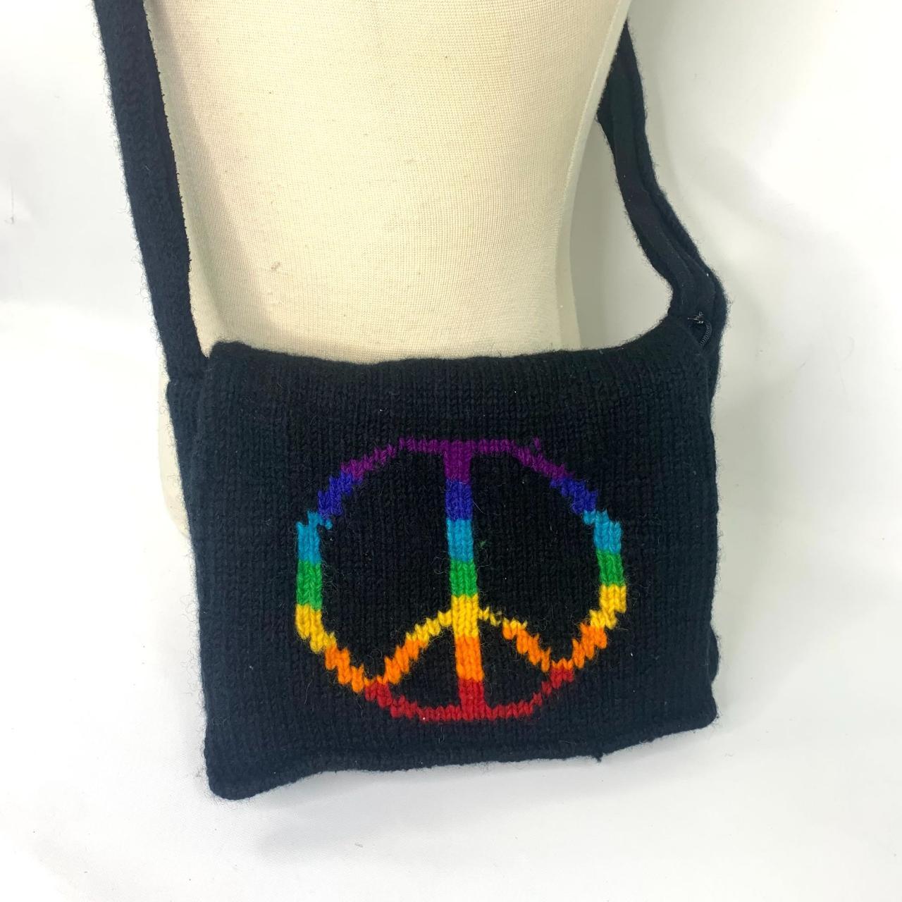Rainbow Peace Sign Hand Knit Wool Crossbody... - Depop