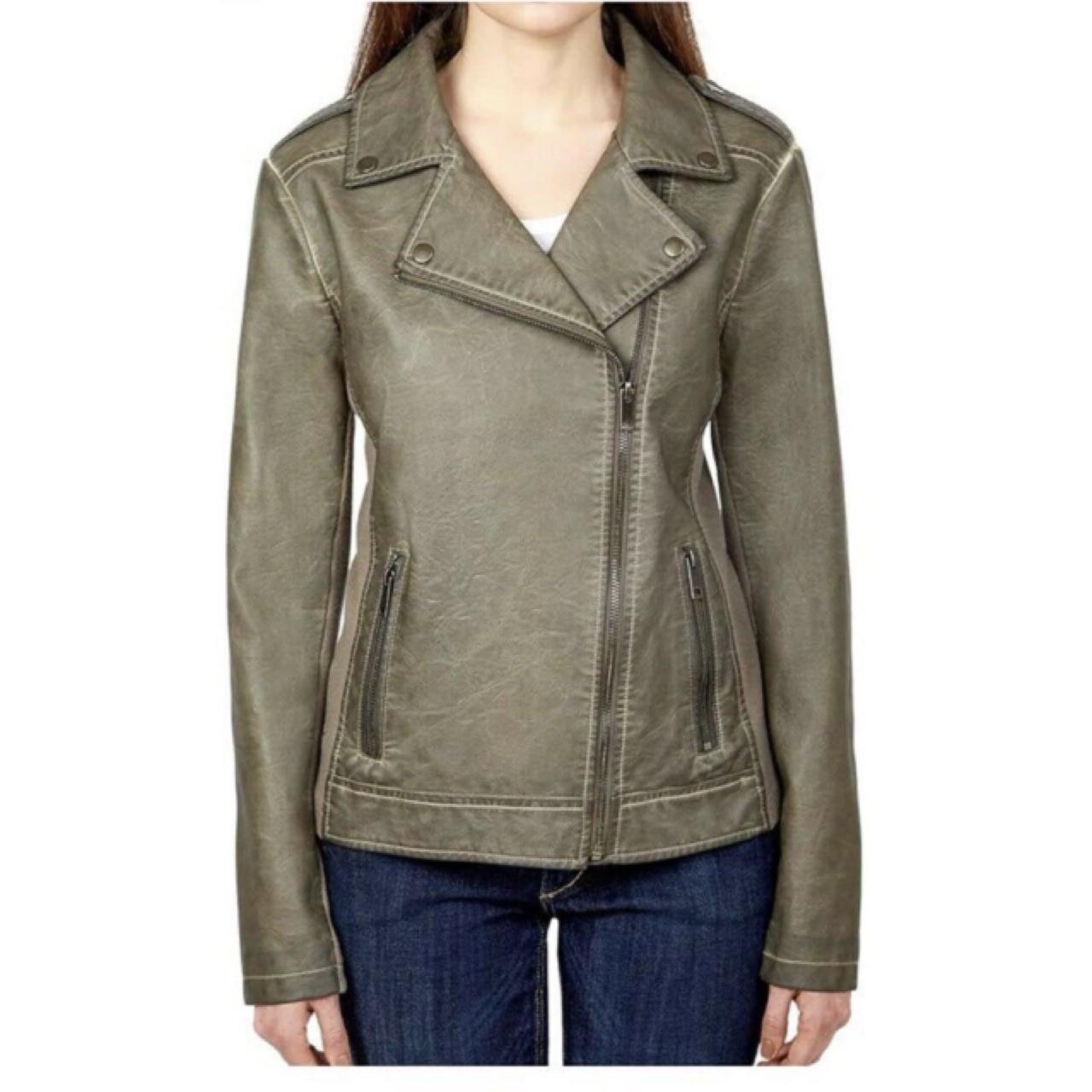 Sebby Collection Taupe Faux Leather Moto Jacket... - Depop