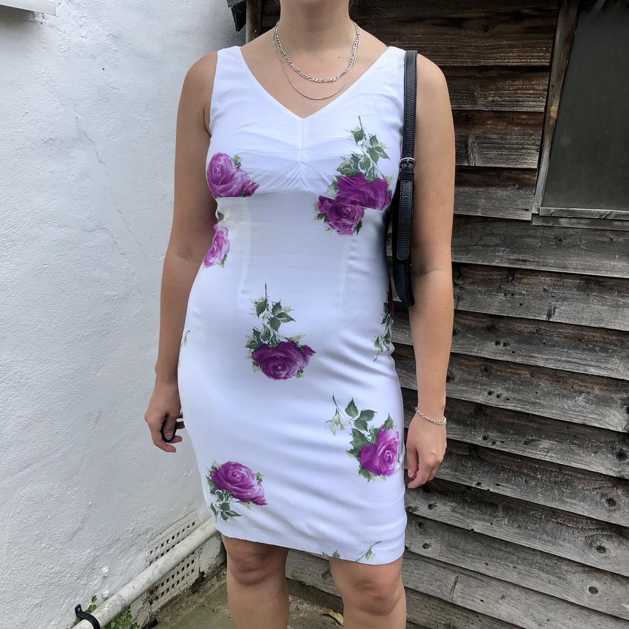 Vintage white dress with purple floral details from... - Depop