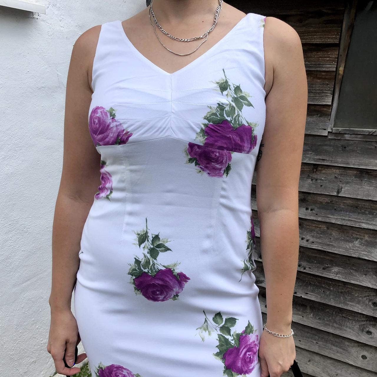 Vintage white dress with purple floral details from... - Depop