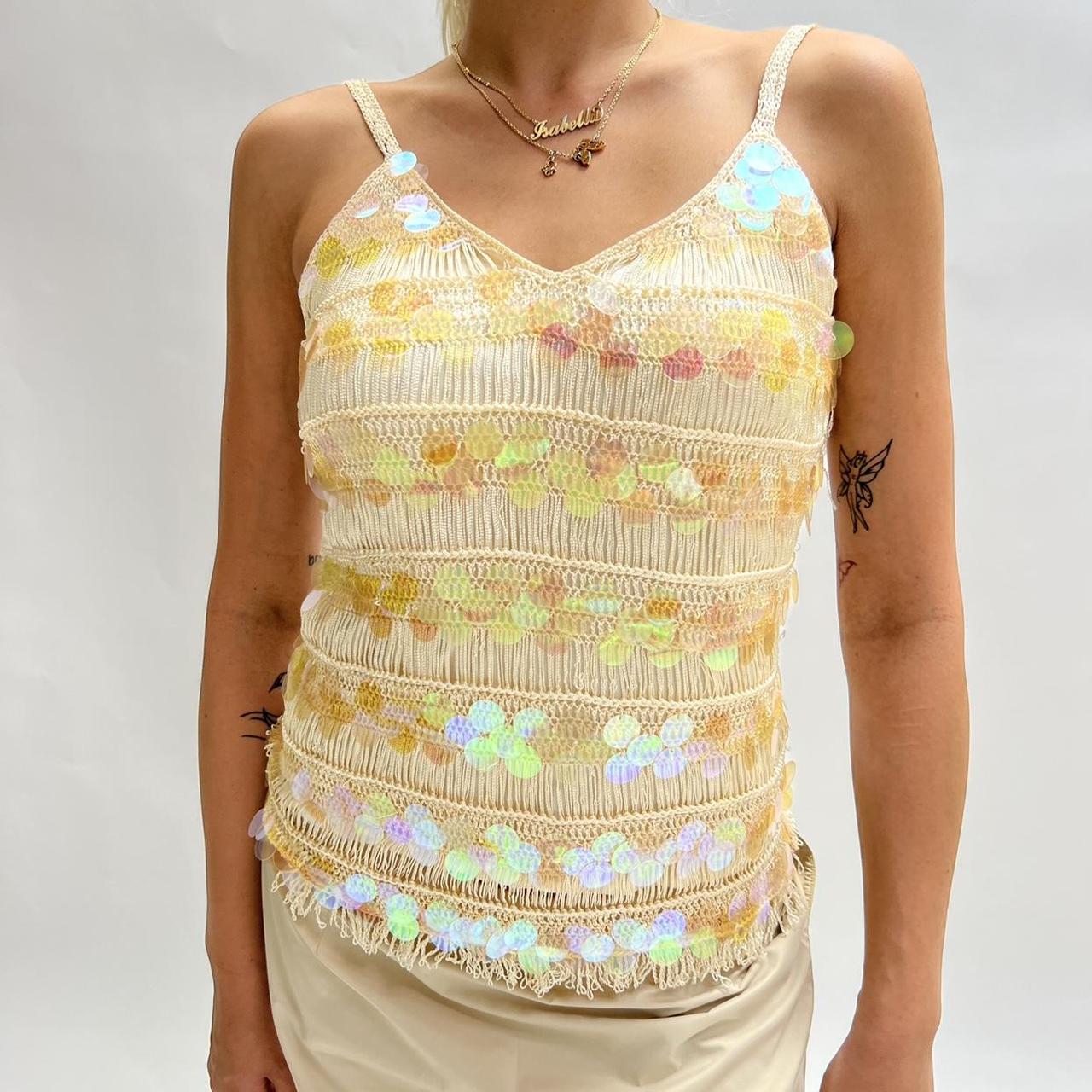 vintage gold sequin crochet cami top size 8 / 10... - Depop