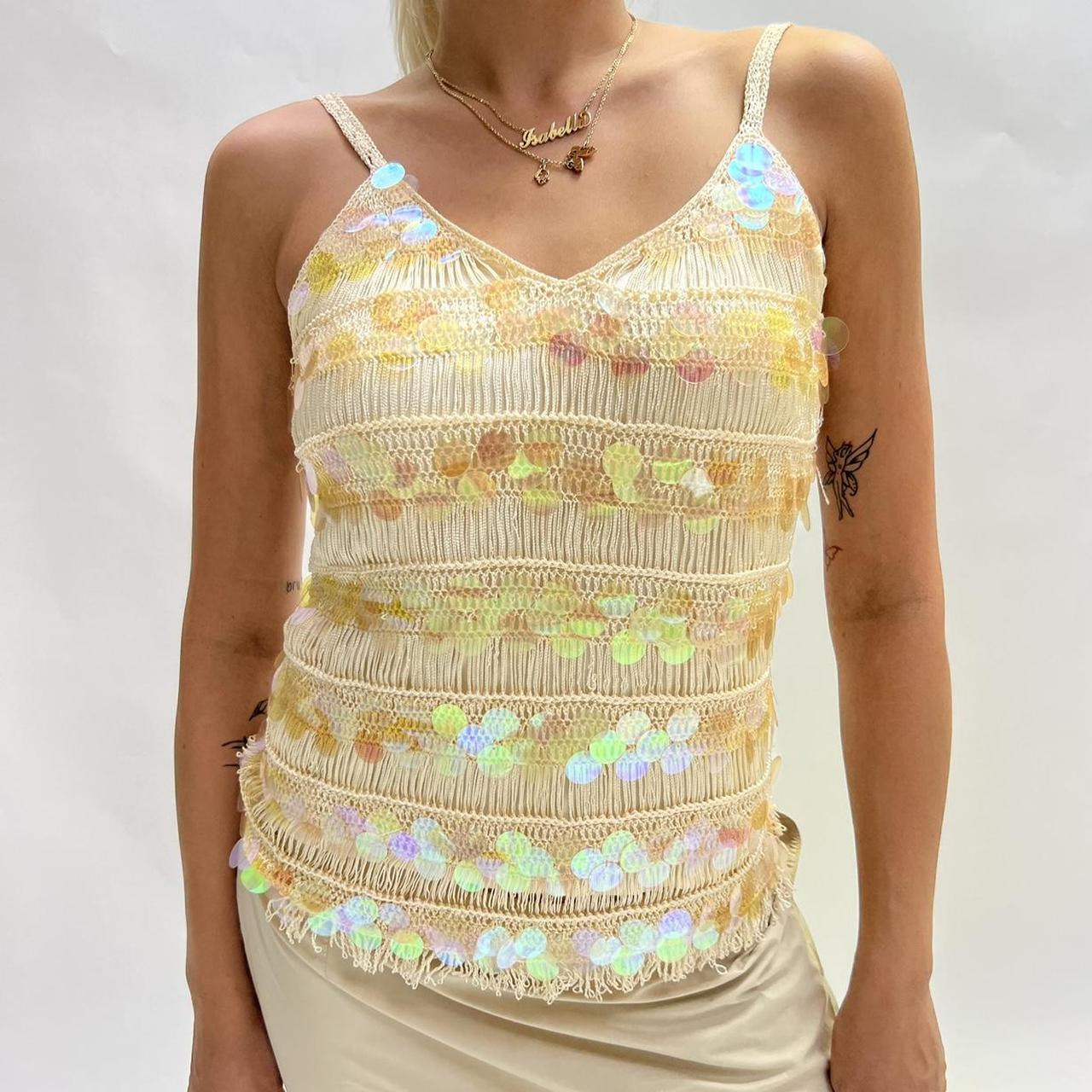 vintage gold sequin crochet cami top size 8 / 10... - Depop
