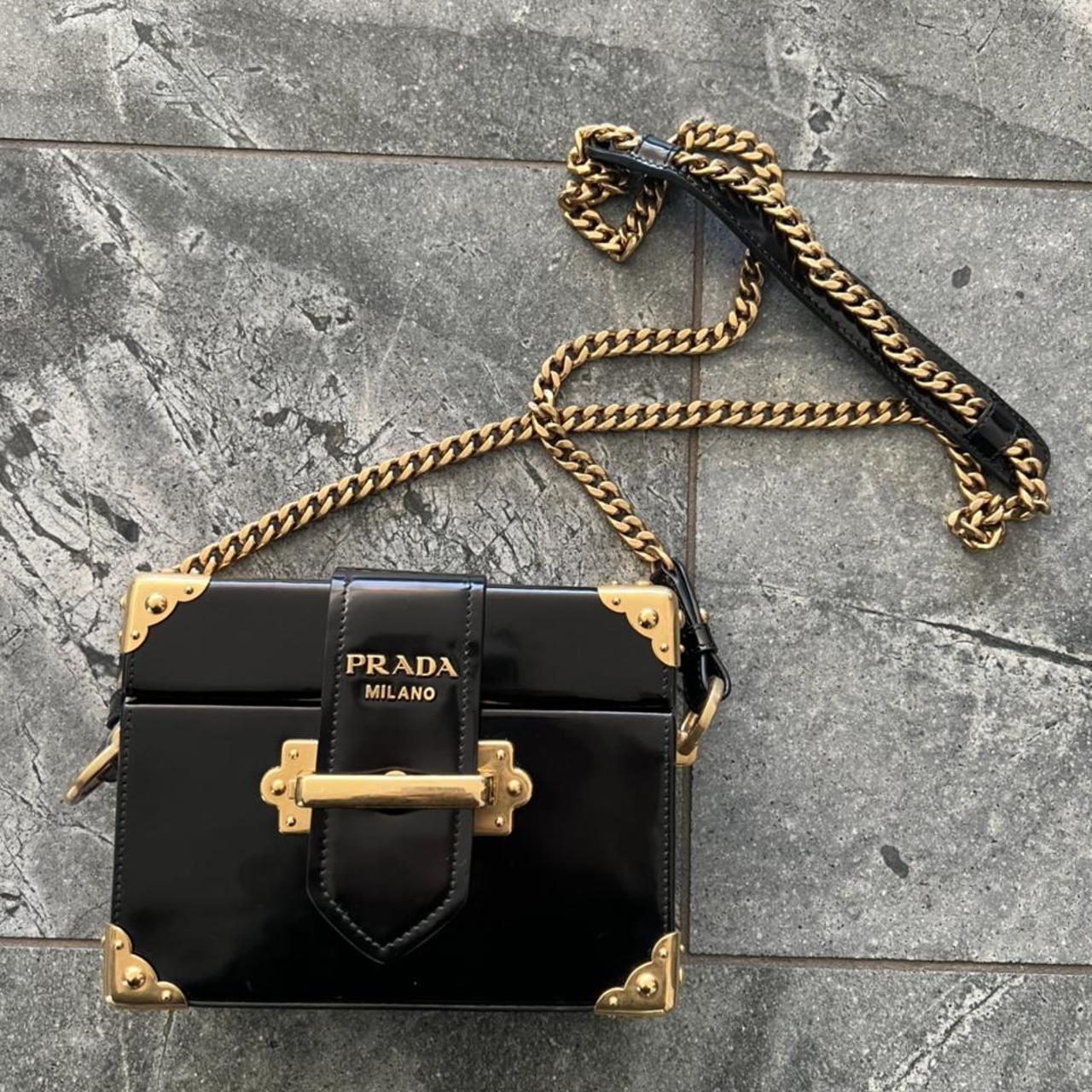 Prada Black Mini Cahier Mini Patent Leather Box Bag... - Depop