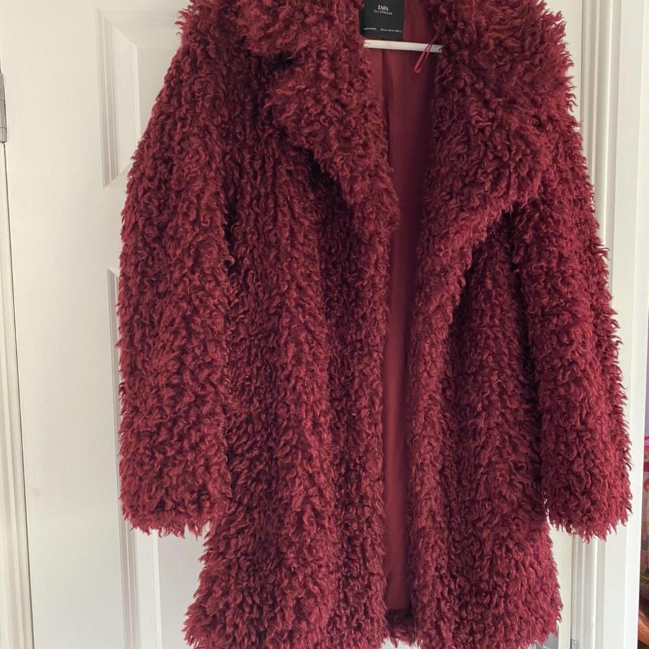 Zara teddy/Borg style coat In a maroon colour with... - Depop
