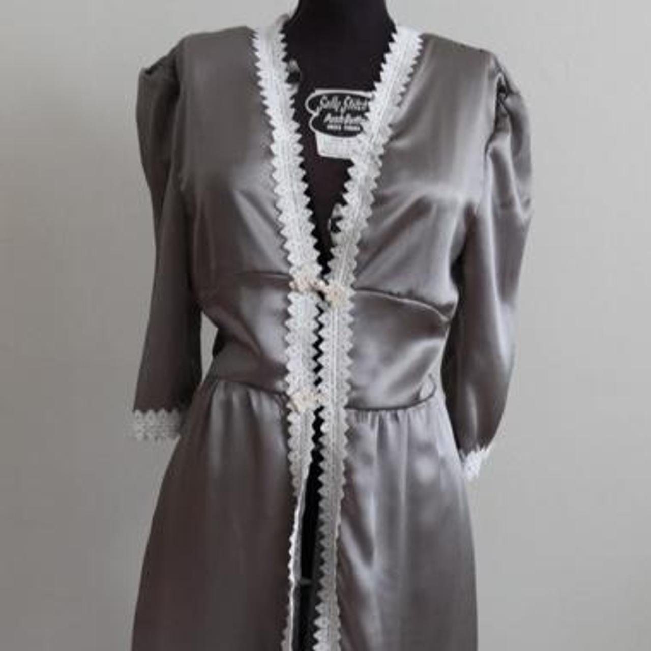 Delilah Burlesque Handmade Grey Silk Robe with Ivory... - Depop
