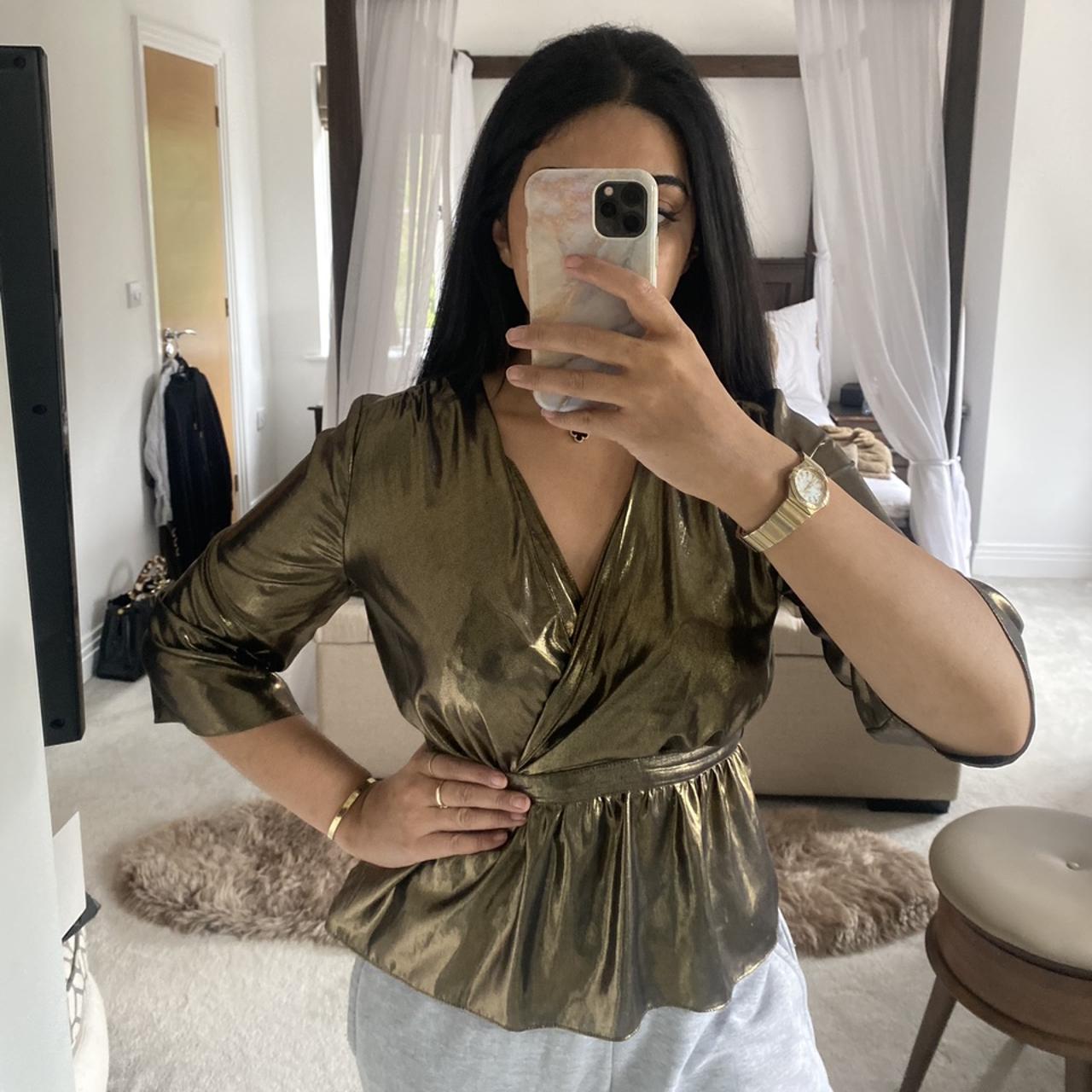 Metallic bronze gold v neck wrap blouse #gold... - Depop