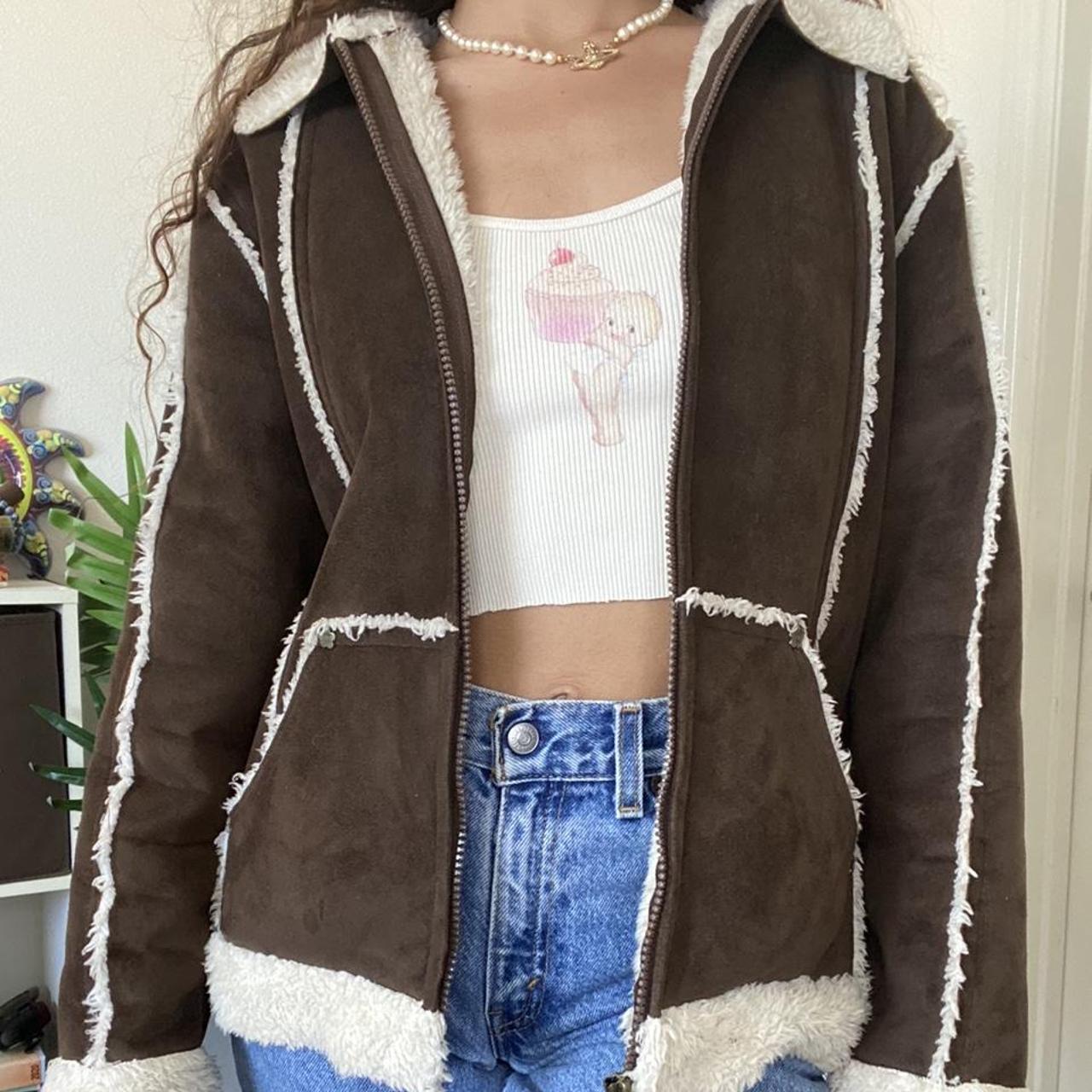 very CUTE and WARM jacket! 🤎🤎🪐🤍 brown suede with... - Depop