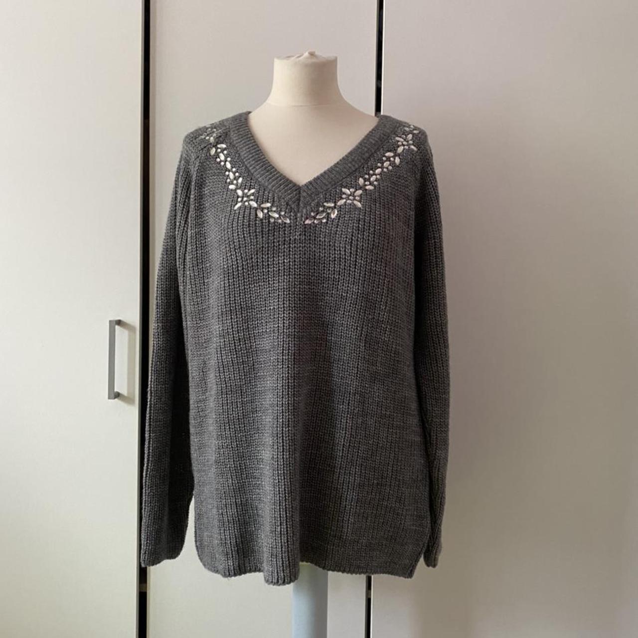 V by Very V Neck Embellished Detail Jumper Charcoal... - Depop