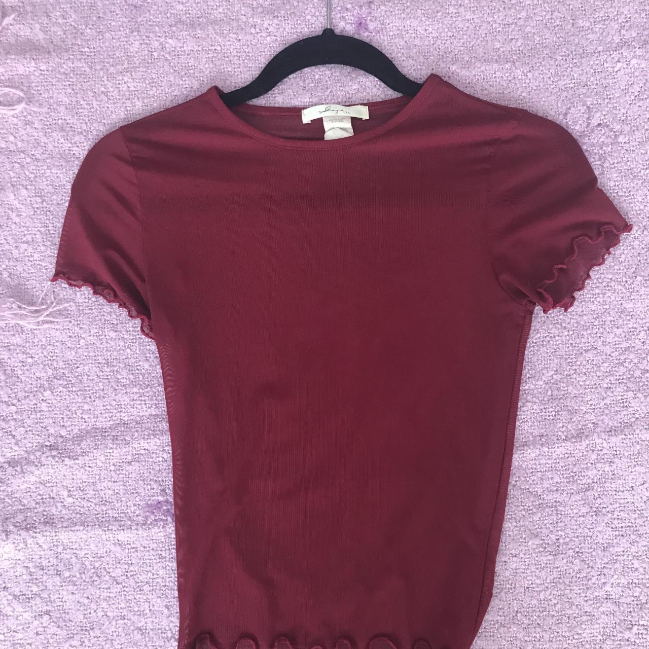 maroon mesh shirt with lettuce edges - Depop