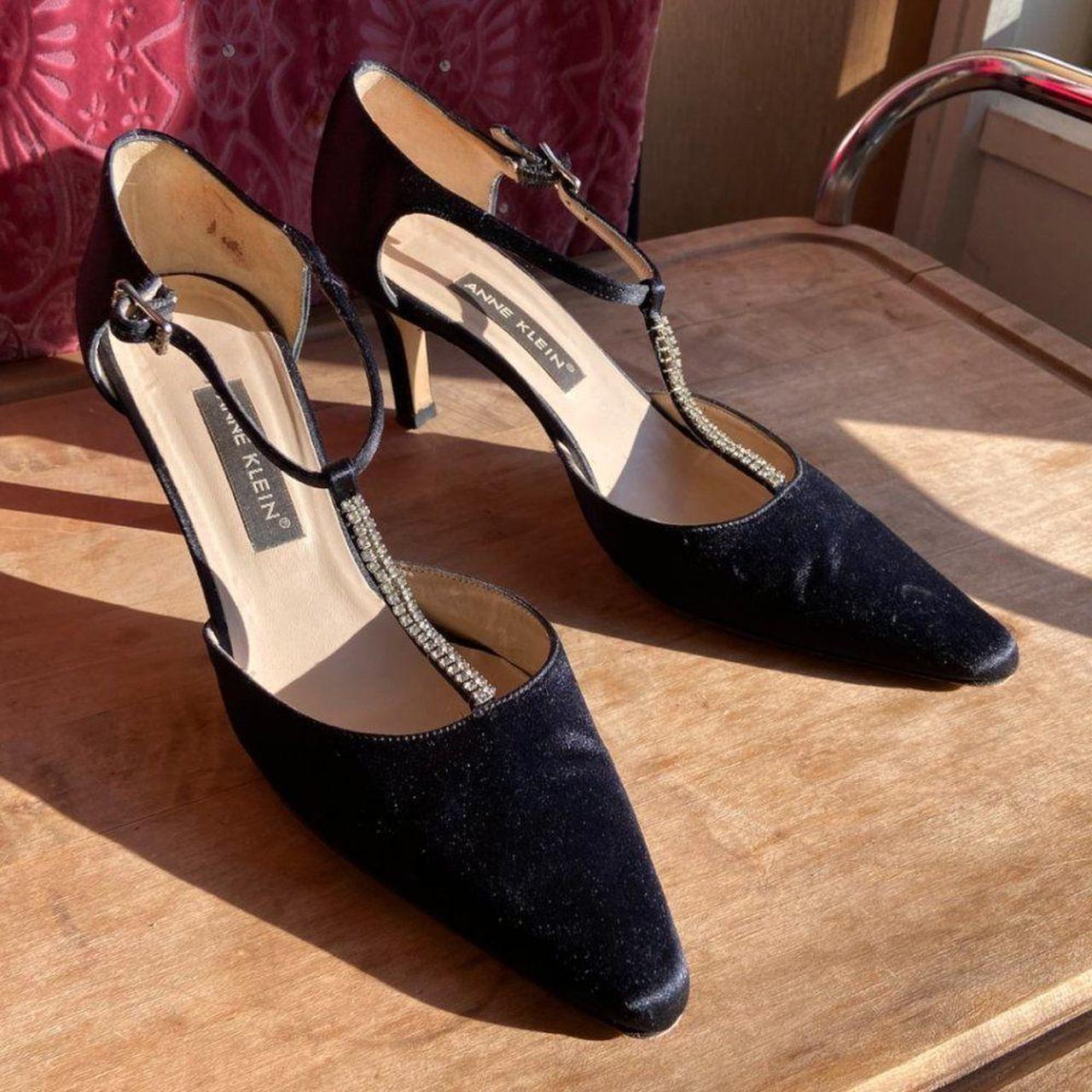 Anne Klein Black Satin Rhinestone Heels 7.5... - Depop