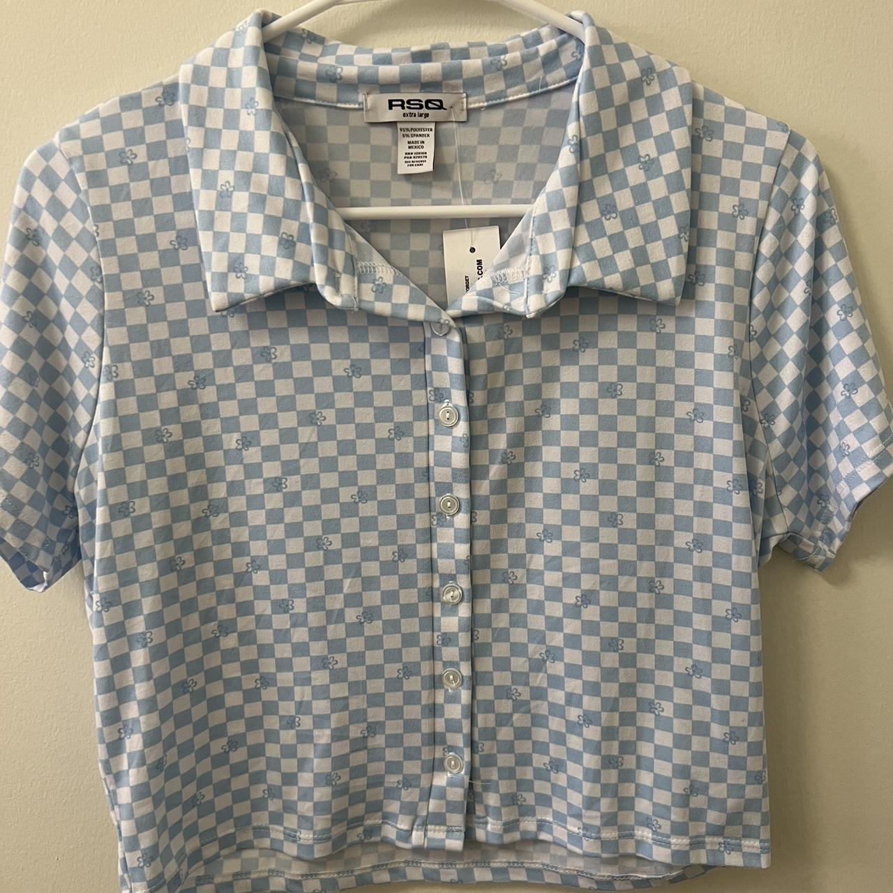 Light Blue Checker Print top Very stretchy! Fitted... - Depop
