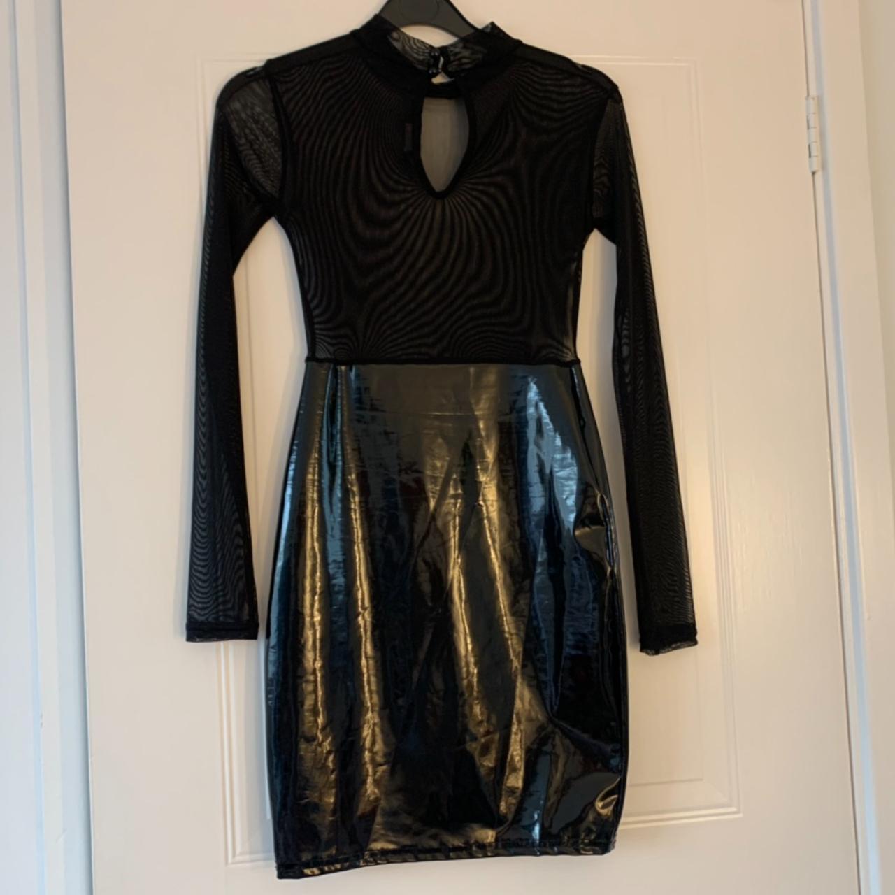 PrettyLittleThing black vinyl pcs latex dress with... - Depop