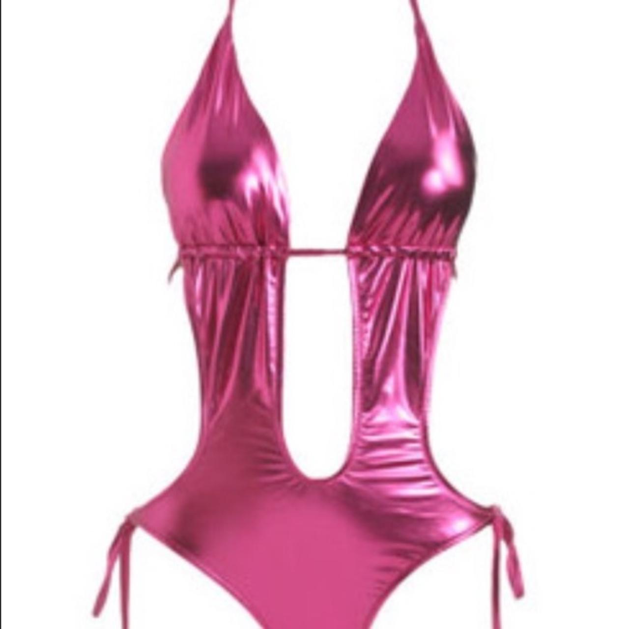 Pink metallic wet look gold monokini swimsuit by Wet... - Depop
