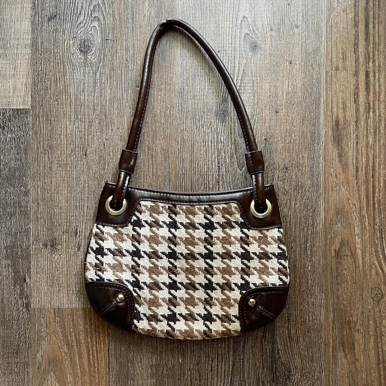 Y2K BROWN MINI HOUNDSTOOTH PLAID SHOULDER BAG... - Depop