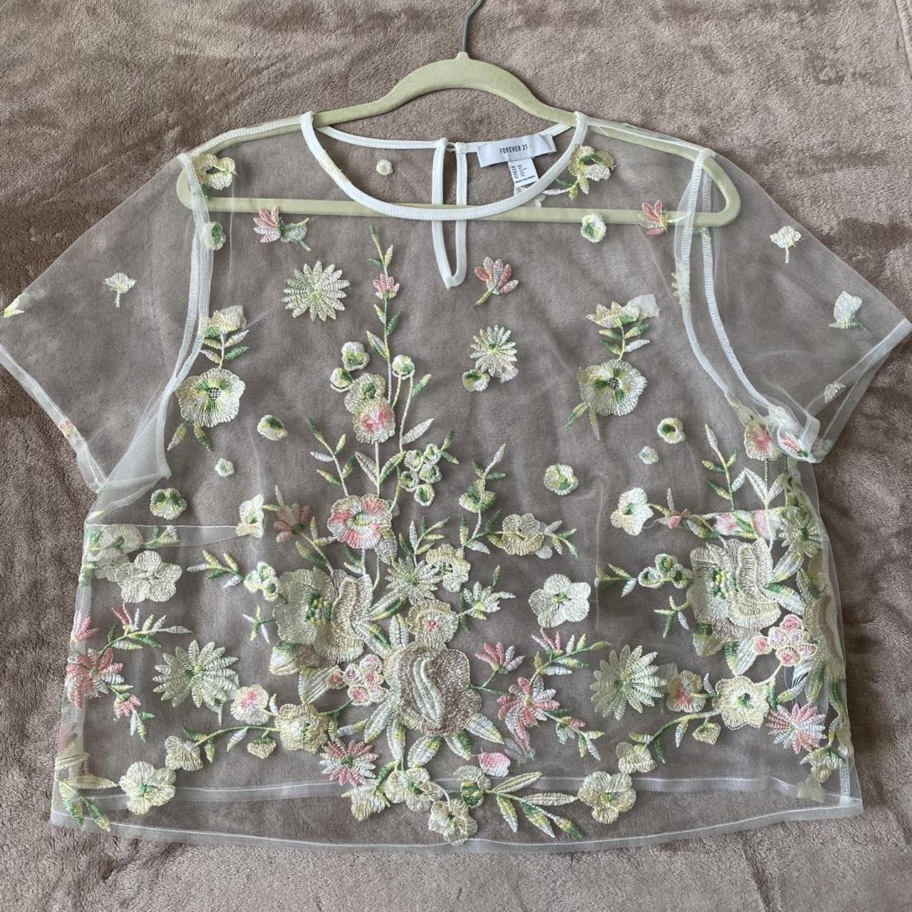 Super cute mesh top with embroidered flowers. Never... - Depop
