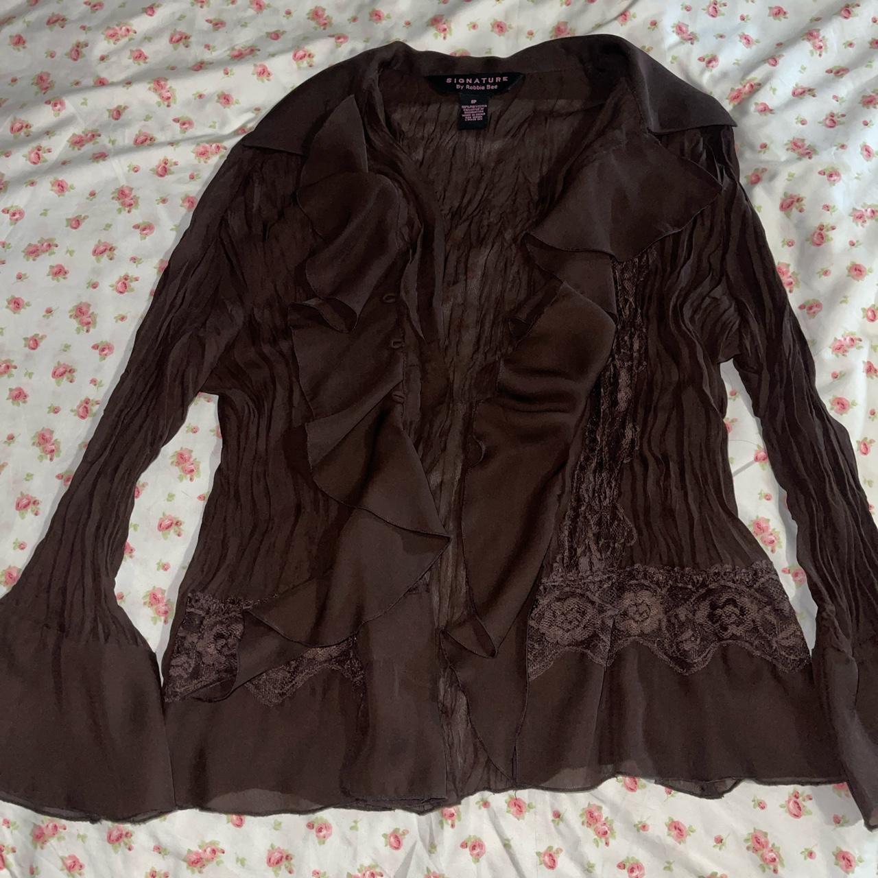 Sheer brown top with buttons. Lace detailing around... - Depop