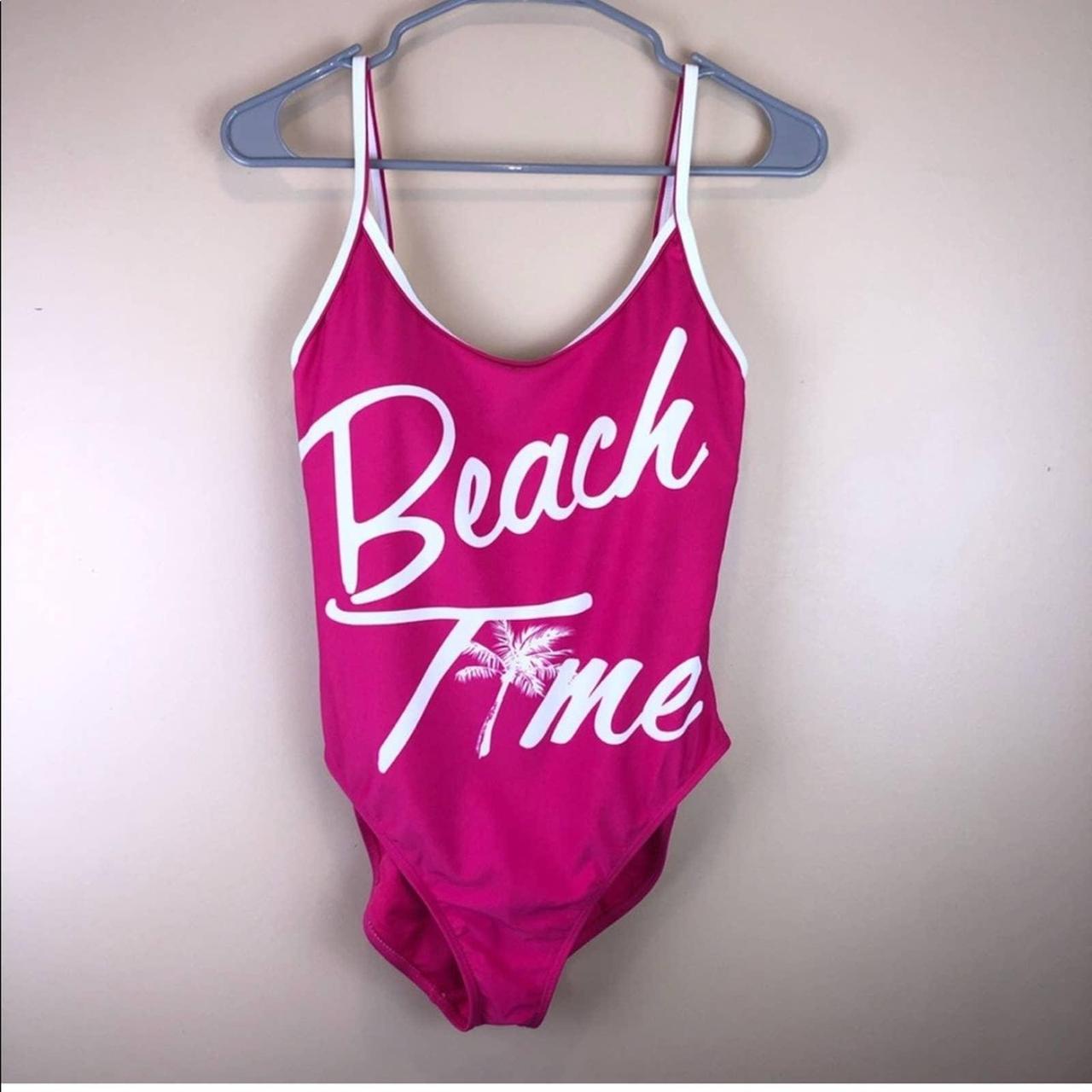 Pink & White “Beach Time” Padded One Piece Swim This... - Depop