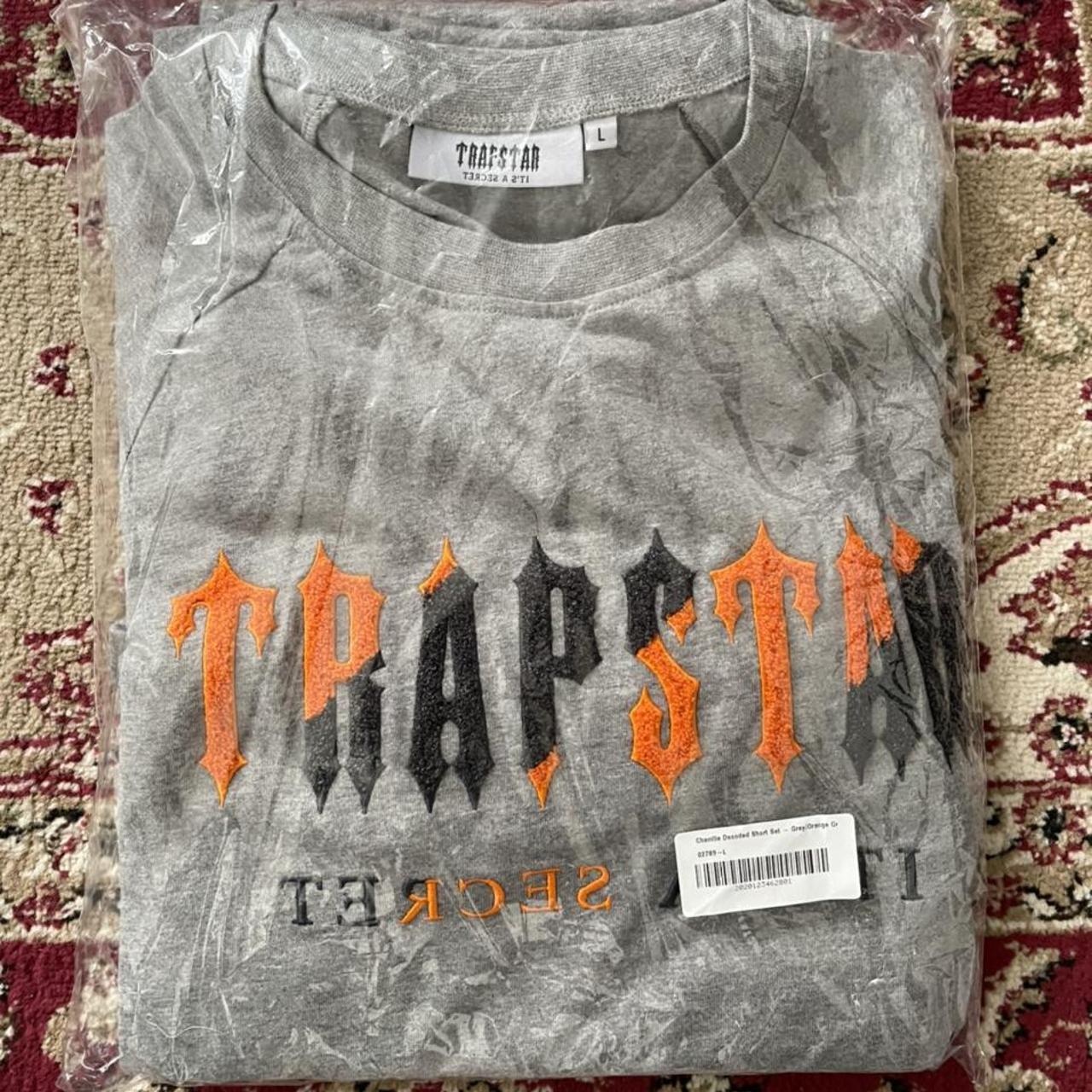 Trapstar Chenille Decoded Short Set - Grey/Orange... - Depop