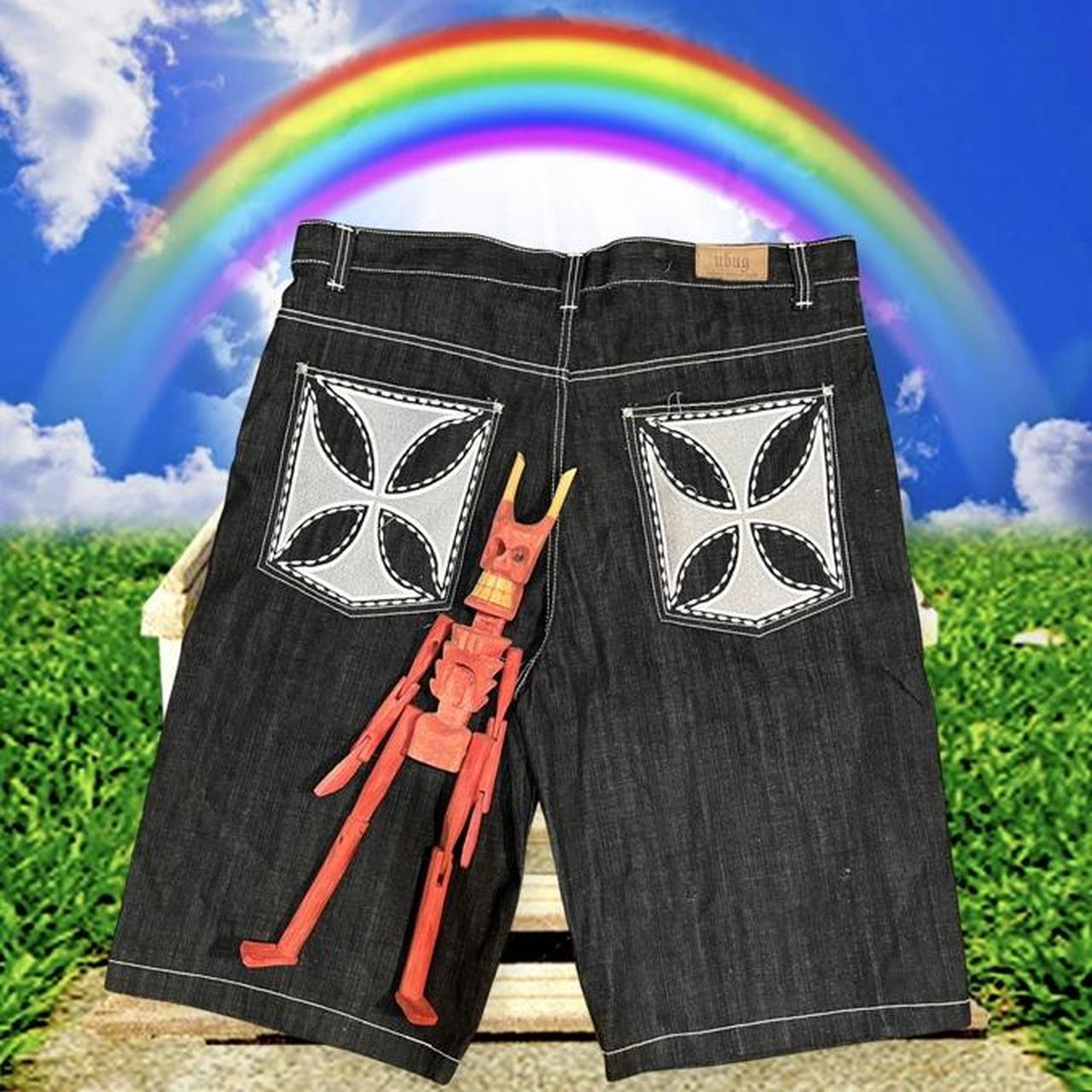 Ubug Embroidered Jorts Features iron cross on back... - Depop