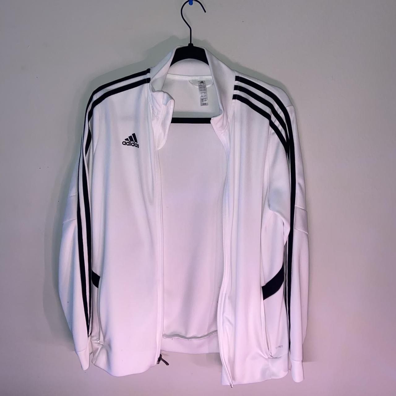 White / black Adidas track jacket 3 stripes down... - Depop