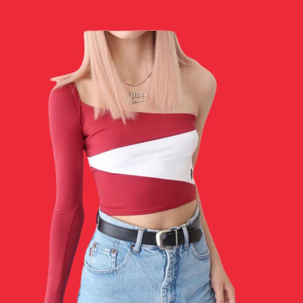 Women's Red and White Crop-top | Depop