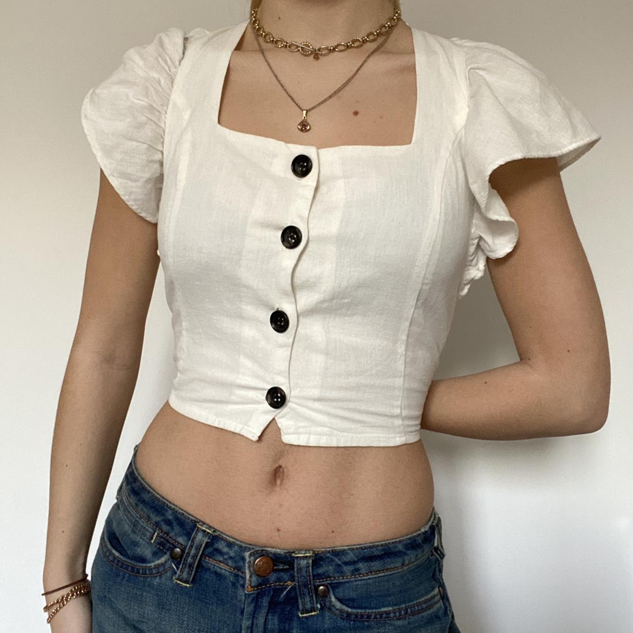 white cream linen cropped blouse with black buttons... - Depop