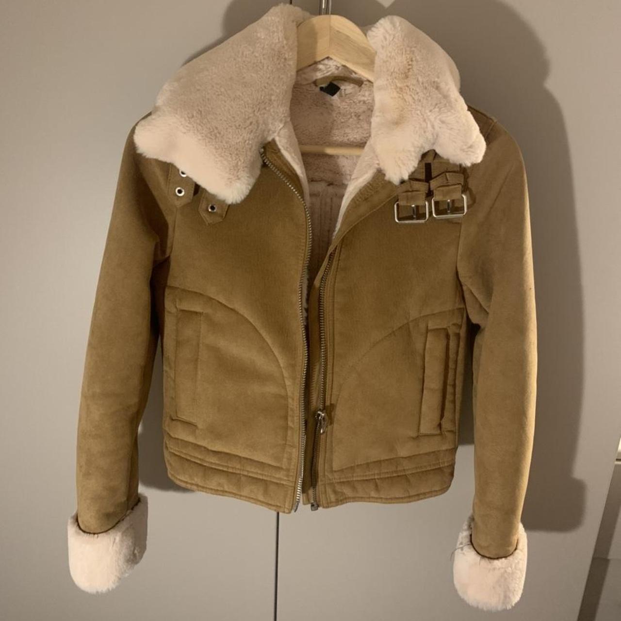 H+M fur lined jacket. Size 6. Perfect Condition.... - Depop