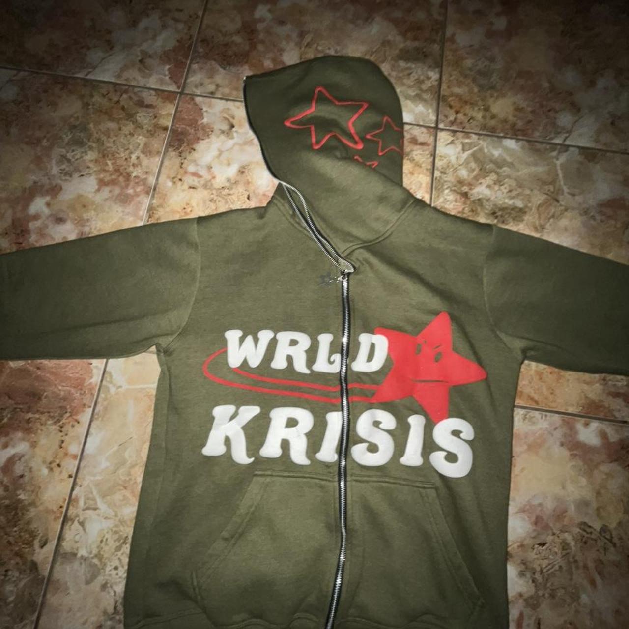 “wrldkrisis” dark green full zip - Depop