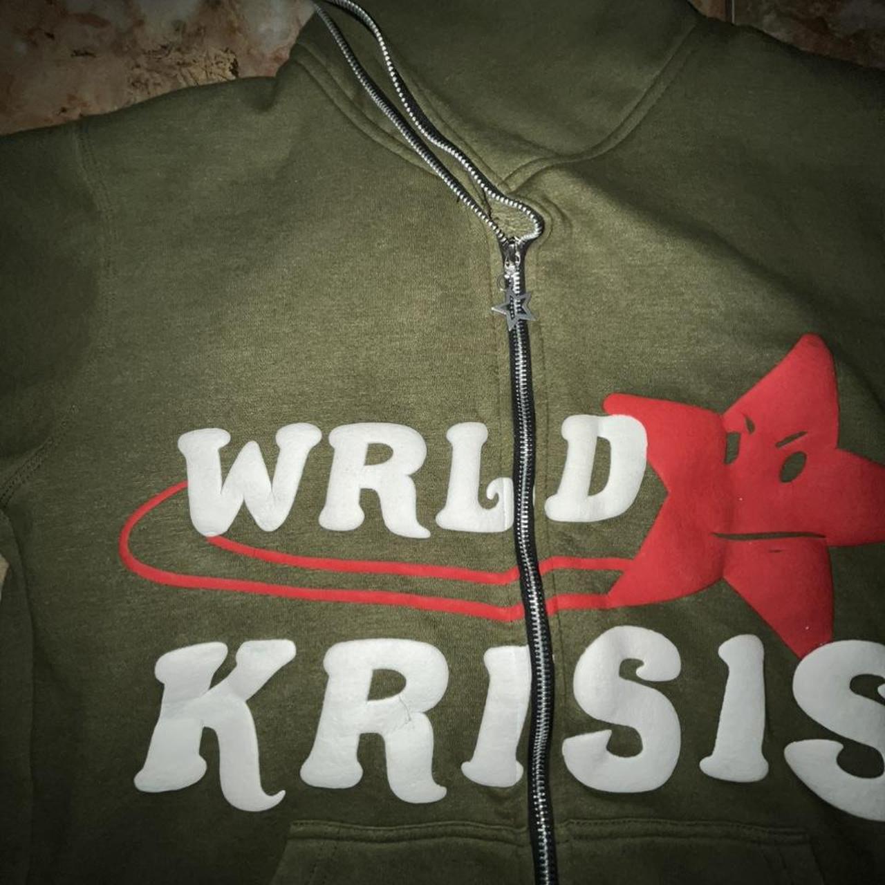 “wrldkrisis” dark green full zip - Depop