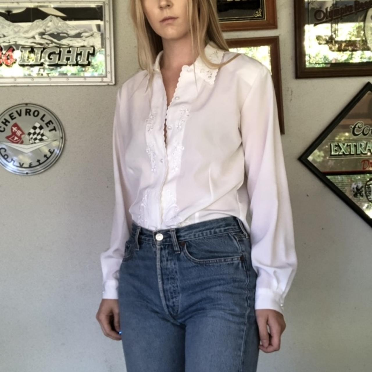 Vintage white lace button up blouse, intricate... - Depop