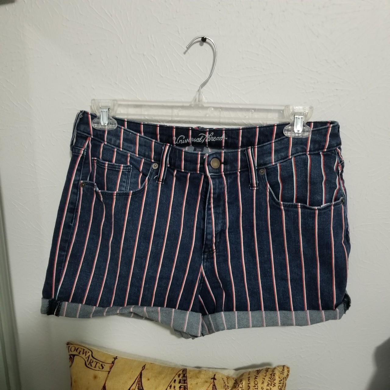 Cute high rise blue stripped shorts with red and... - Depop