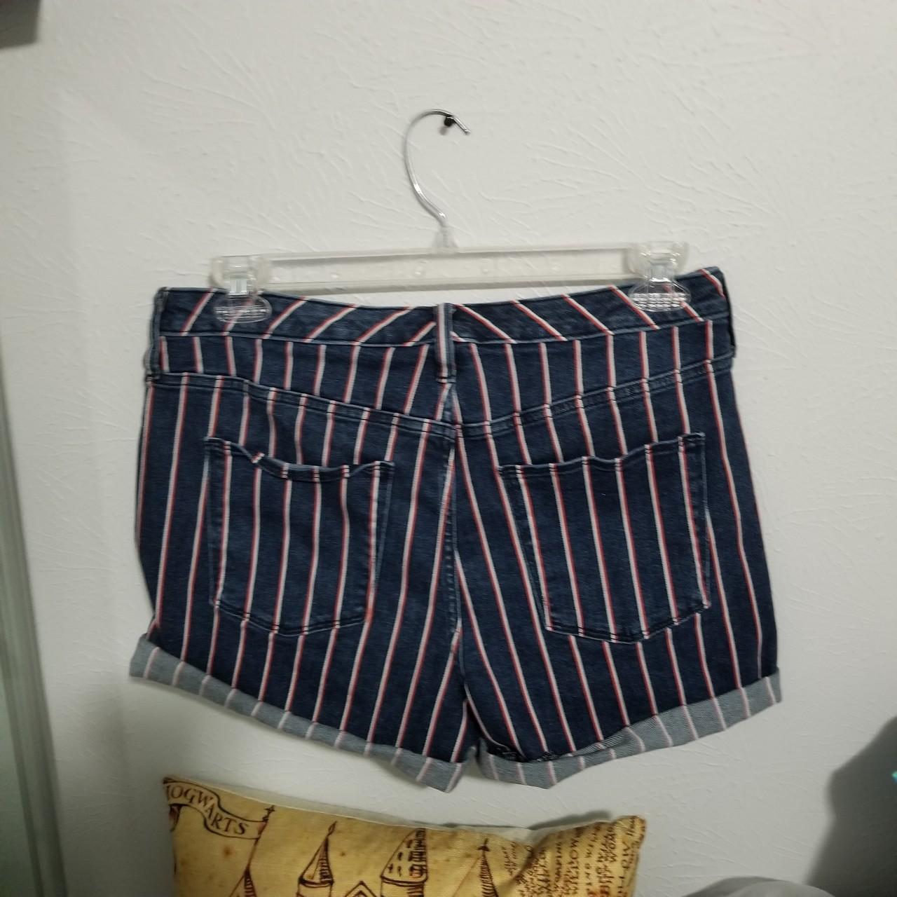 Cute high rise blue stripped shorts with red and... - Depop