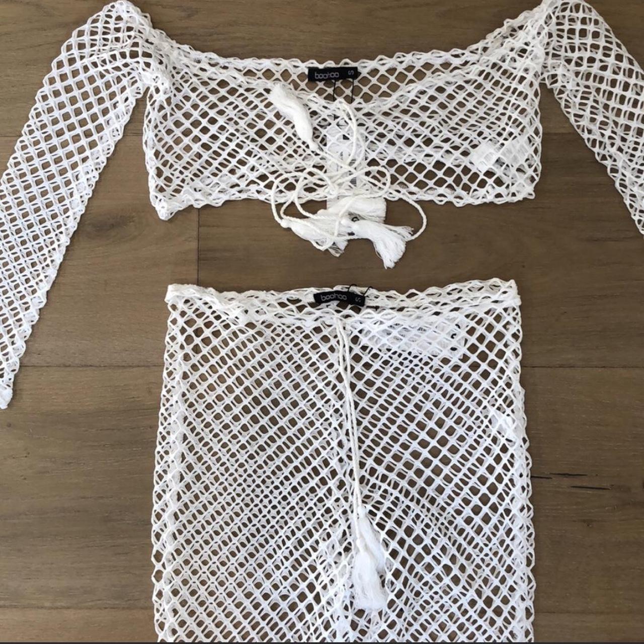 Fishnet boohoo white 2 piece cover up Size small - Depop