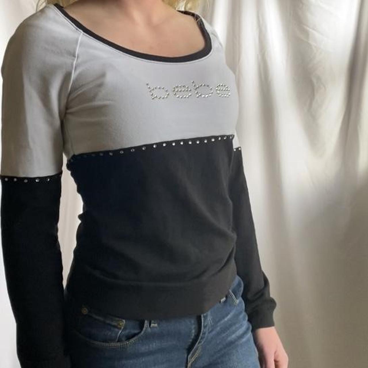 Bedazzled y2k black and white Bebe logo long sleeve... - Depop