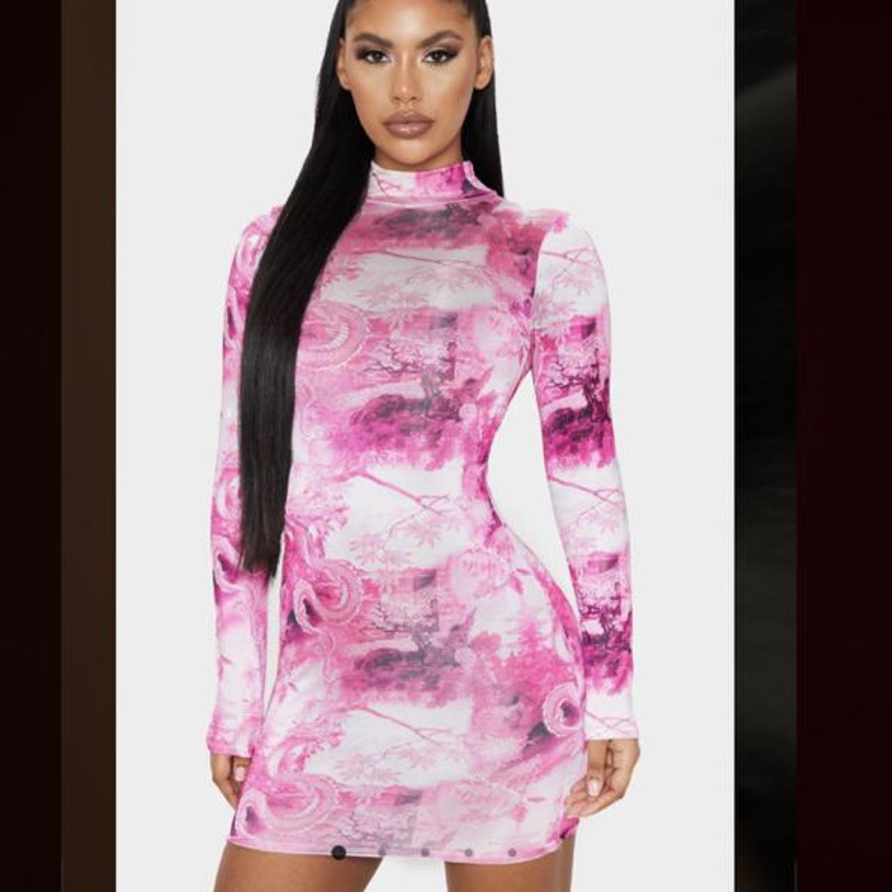 pink bodycon dragon print dress brand new, tried on... - Depop