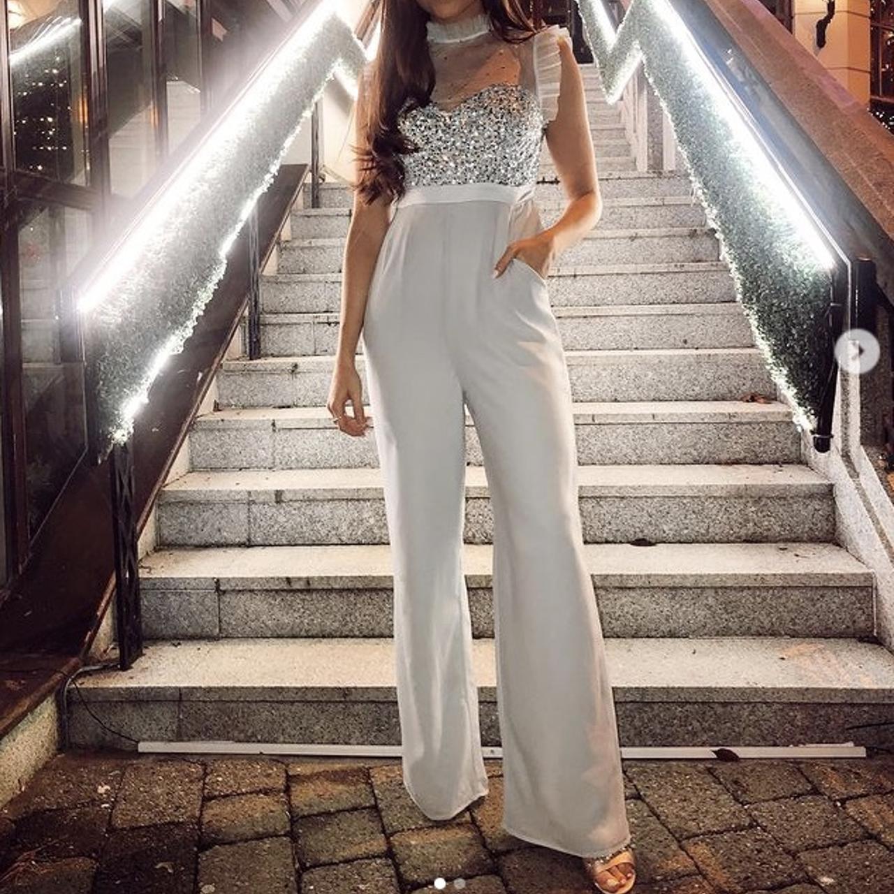 Asos powder blue jumpsuit with sequin & mesh detail... - Depop