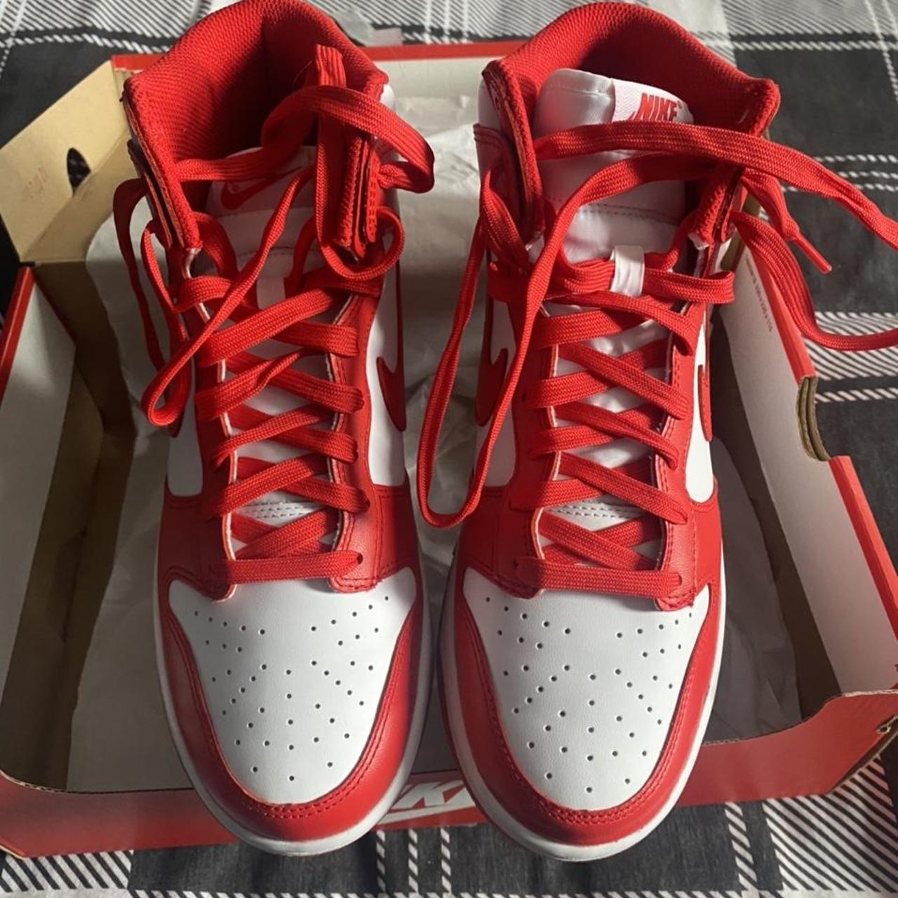Nike dunks Red & white , size 7 Worn once - Depop