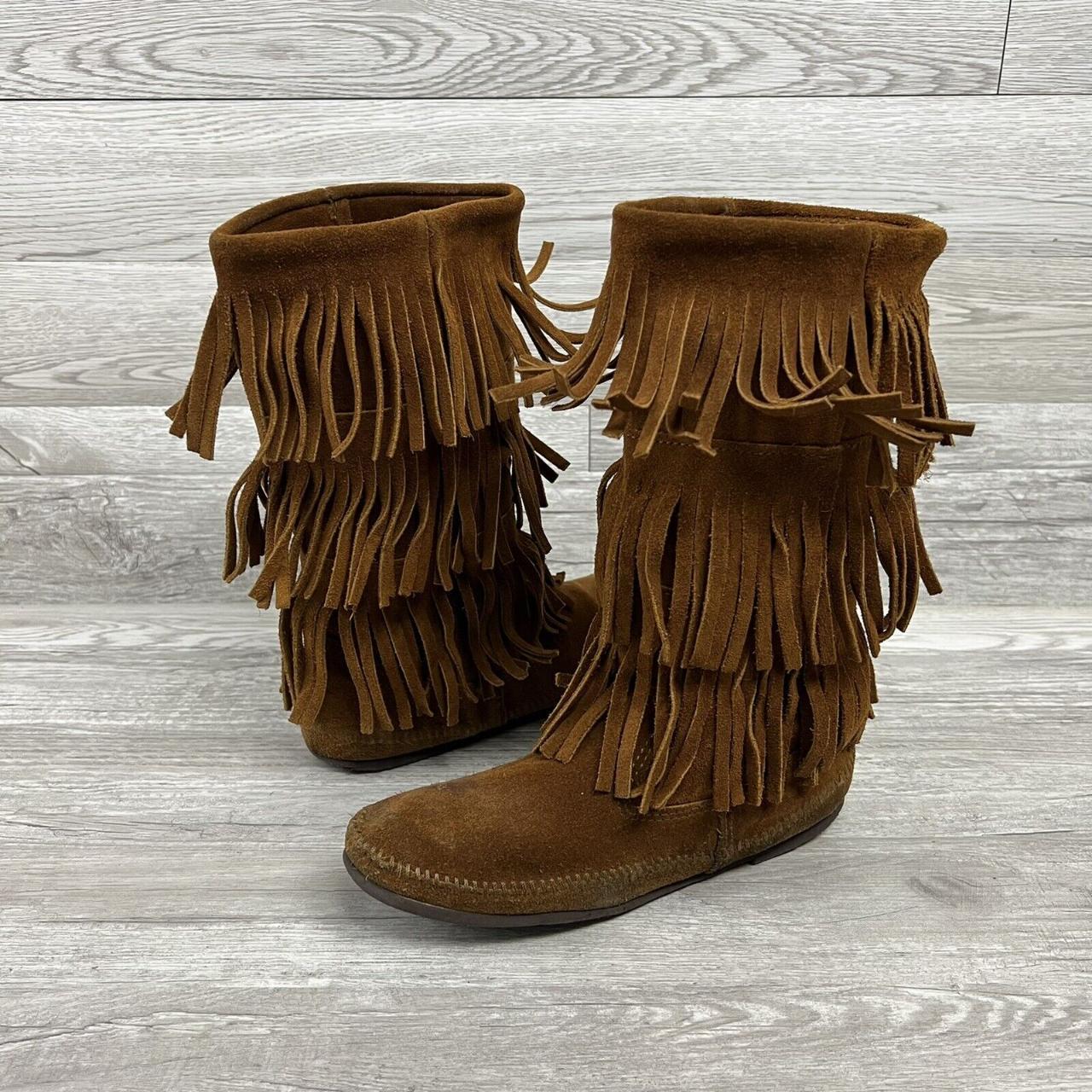 vintage MINNETONKA MOCCASIN Brown FRINGE BOOTS SIZE... - Depop