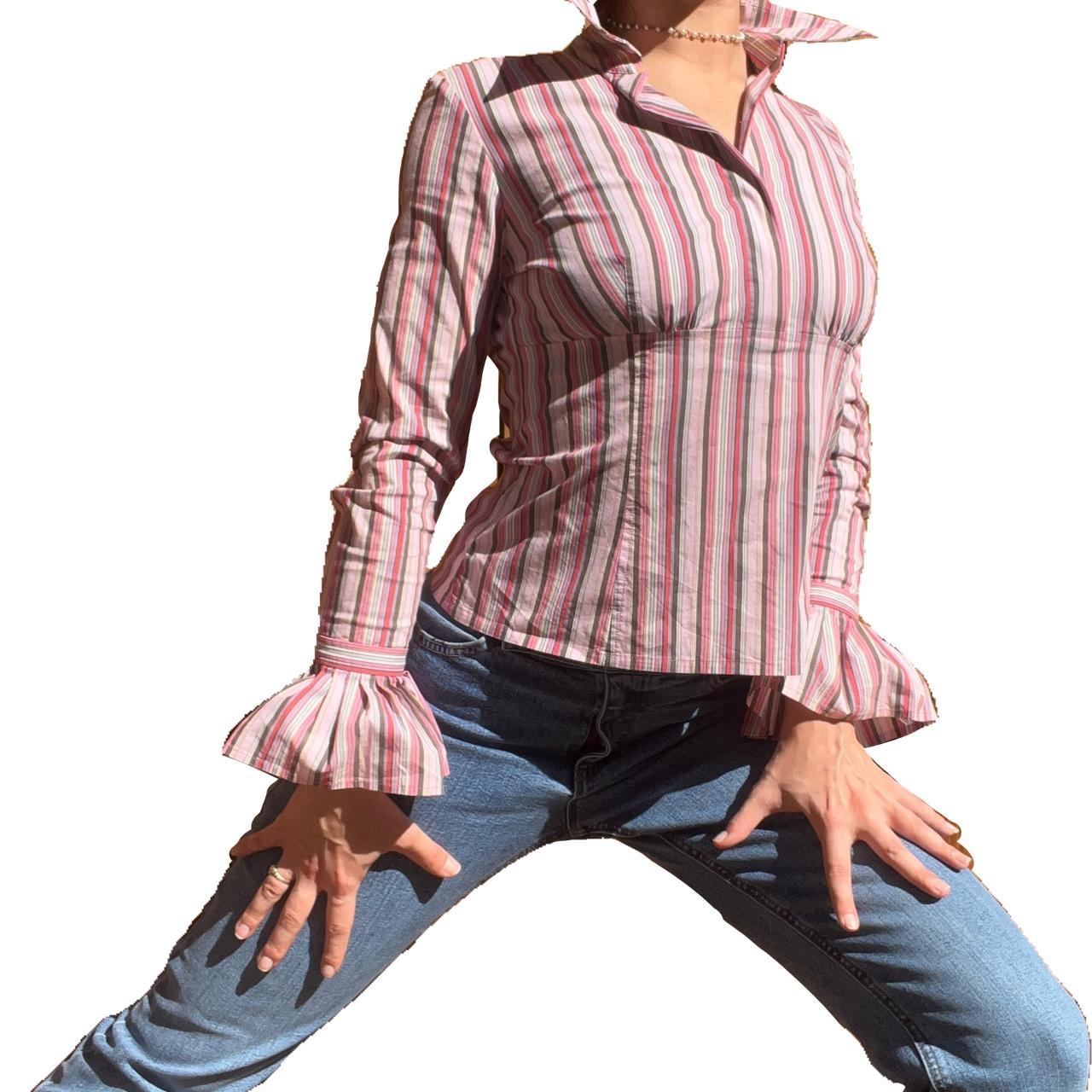 Funky Striped Top Collared tricolor pink half... - Depop