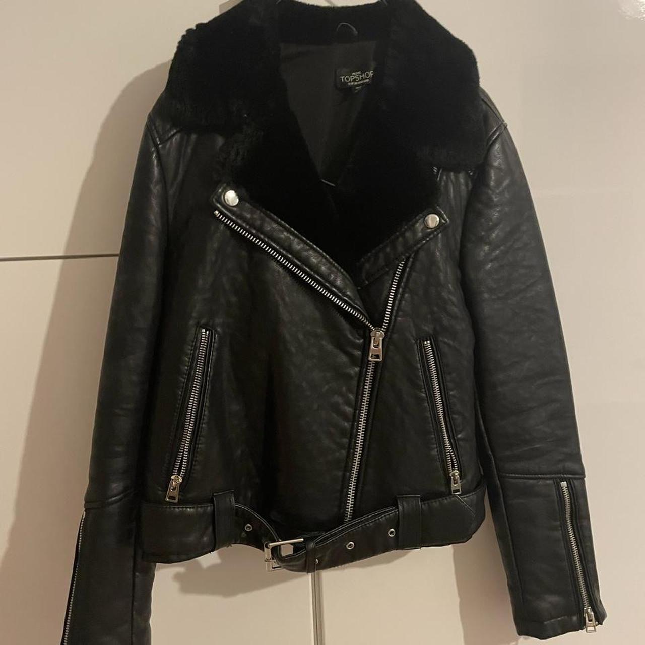 Faux leather jacket with faux fur detachable collar.... - Depop