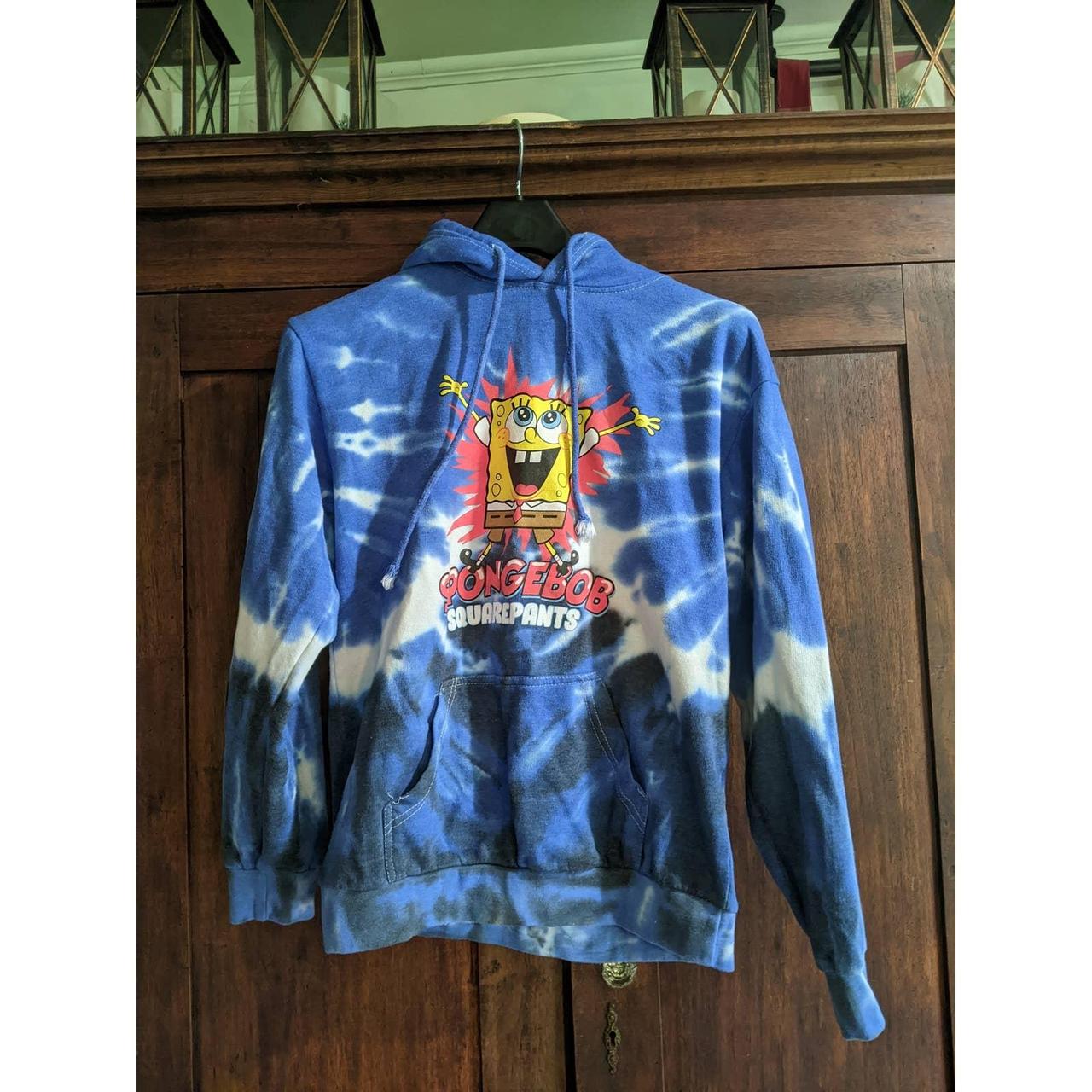 Blue and white tye-dye SpongeBob hoodie by... - Depop