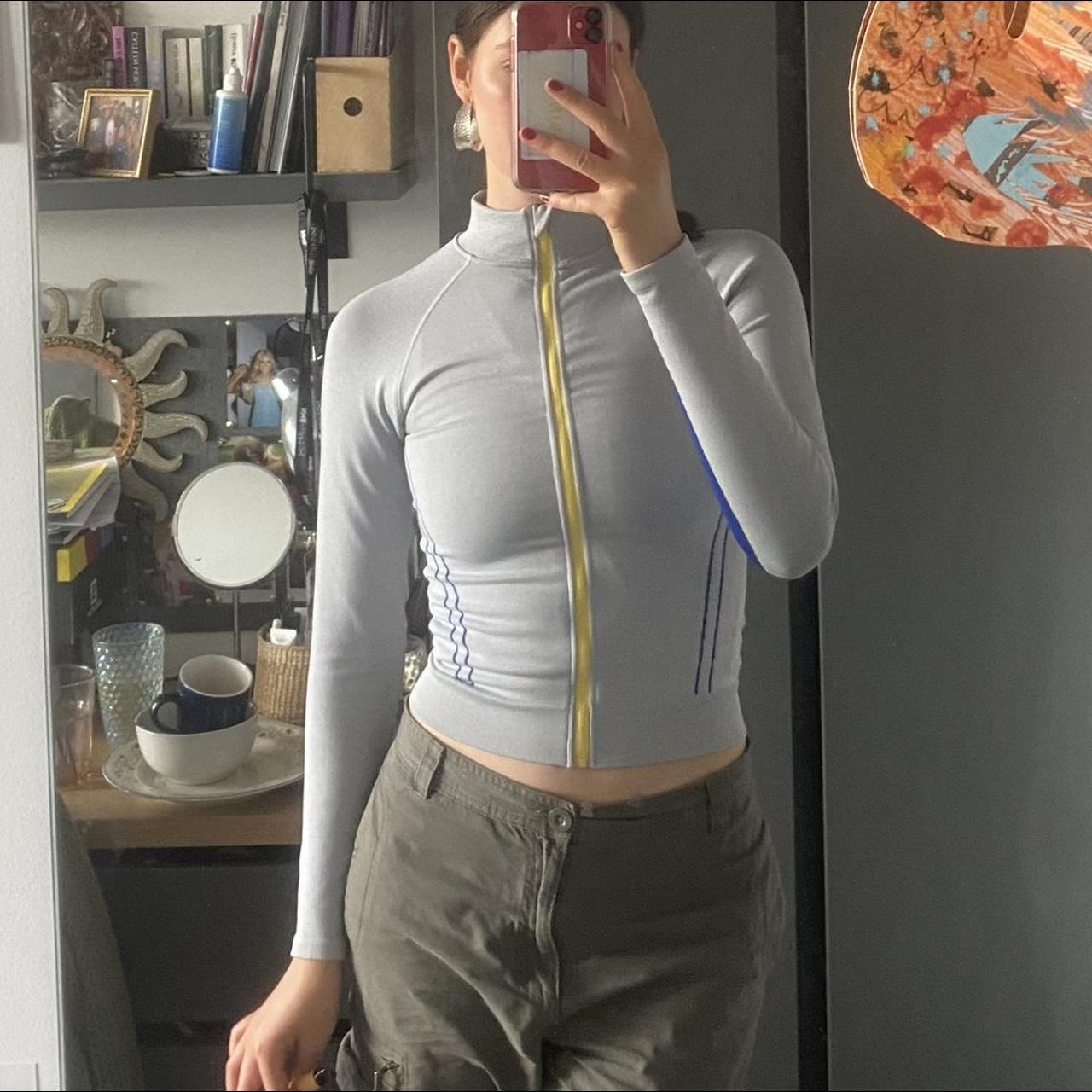 Zip up athletic jacket Fabletics grey yellow and... - Depop