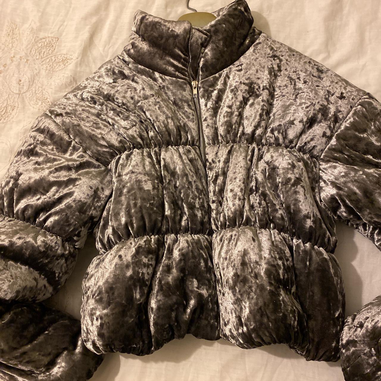 Grey velvet puffer jacket Super comfy and... - Depop