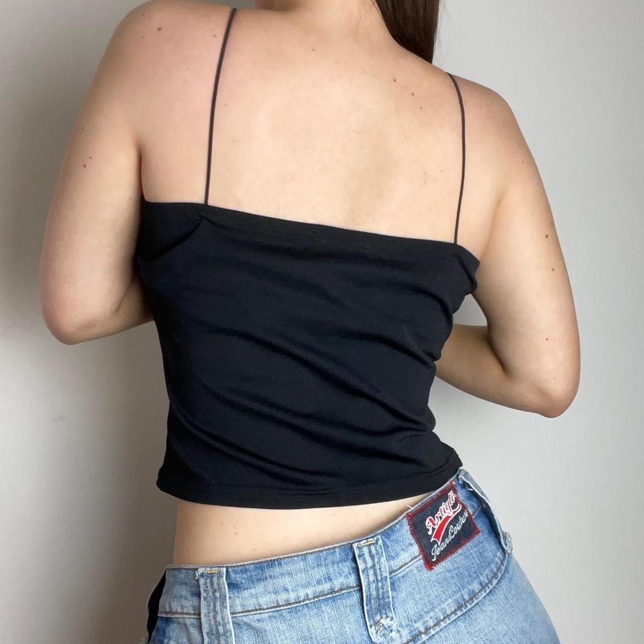 Black open front beaded spaghetti strap y2k 00s crop... - Depop