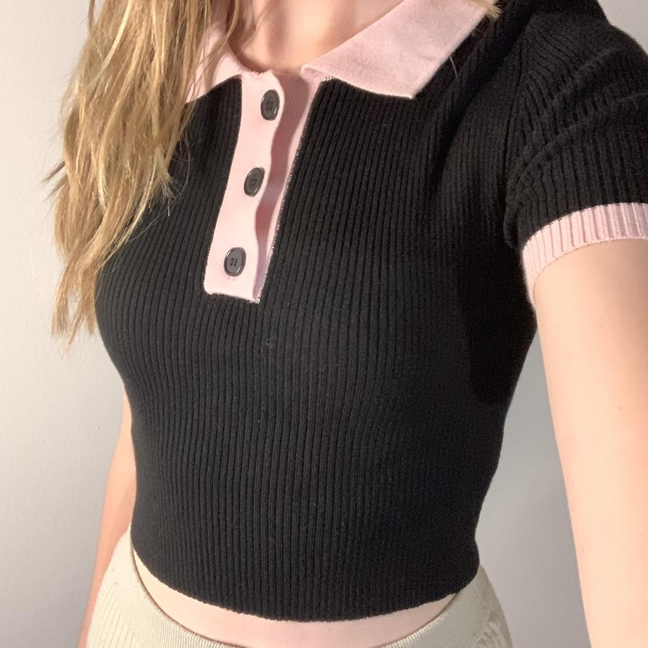Pink & Black Button Collar Sweater Crop Top Stretchy... - Depop