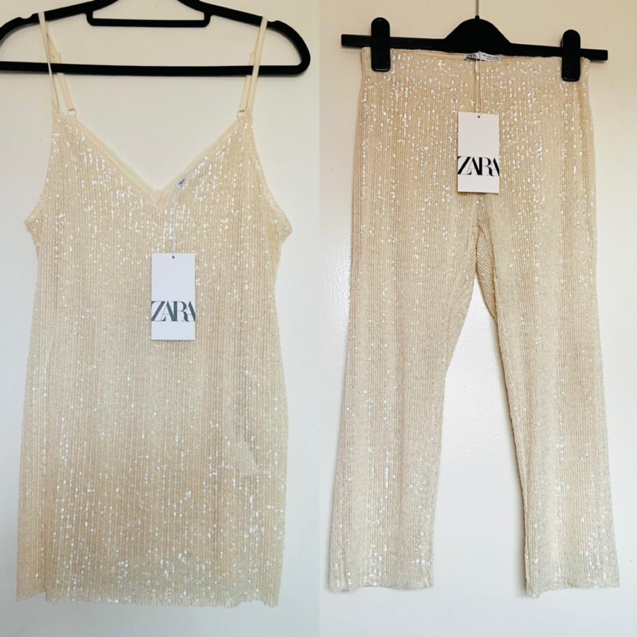 ZARA CREAM SEQUIN CO ORD CAMI TOP AND CROPPED... - Depop