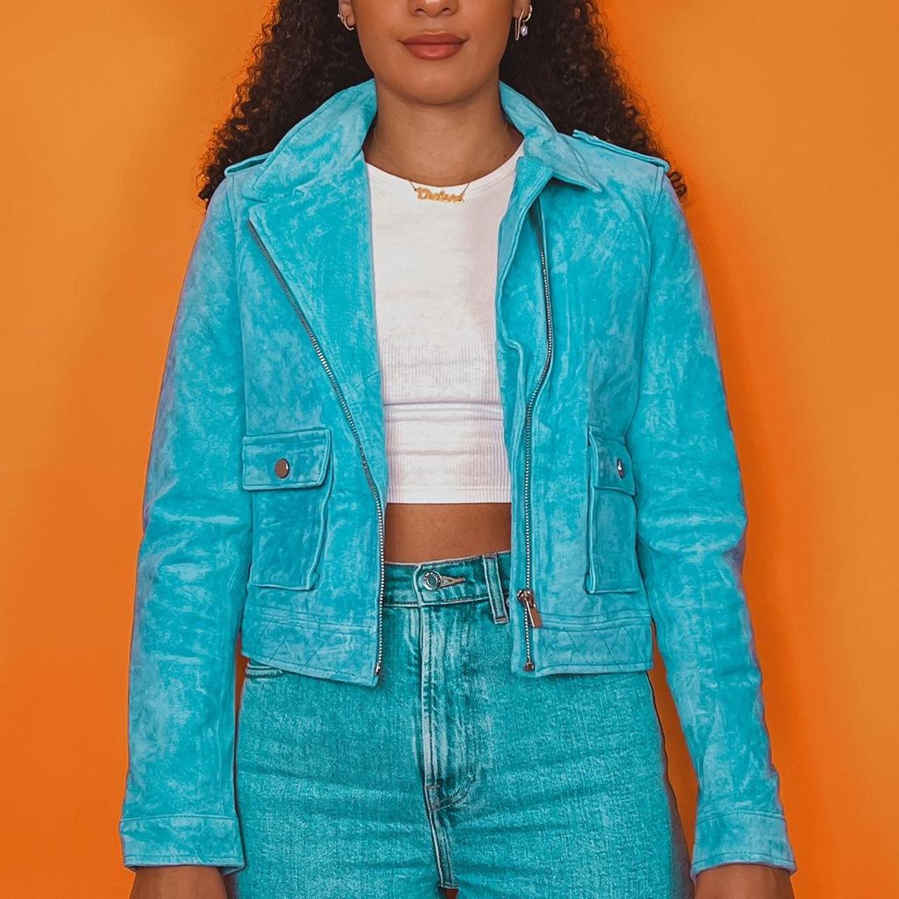 Mango Blue Suede Moto Jacket M E A S U R E M E N T... - Depop