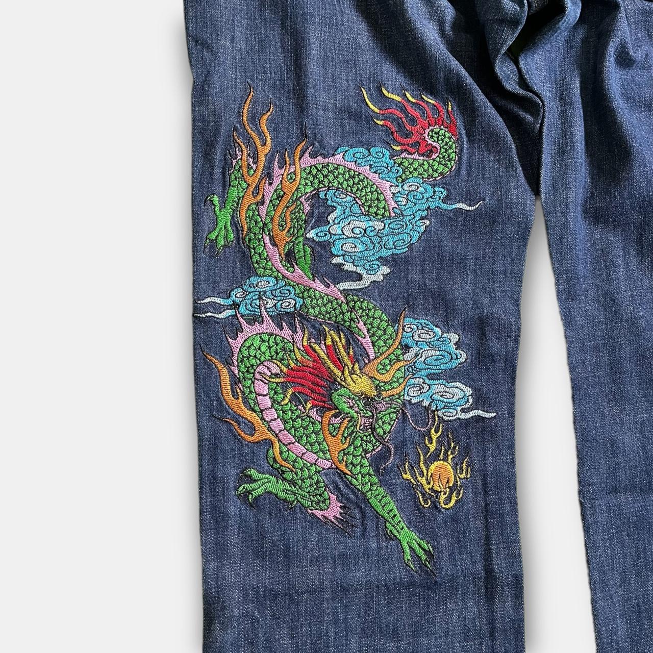Japanese denim dragon jeans • Embroidered dragon... - Depop